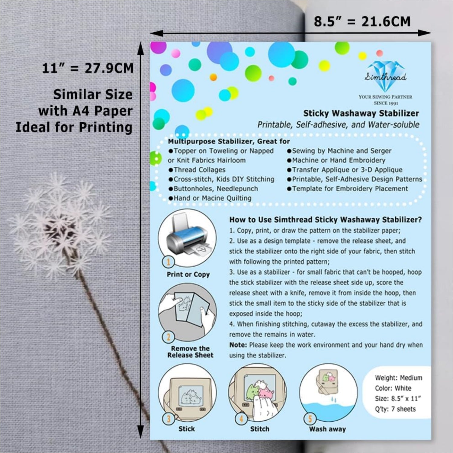 Simthread Sticky Wash Away Paper Embroidery Stabilizer A4 Size Medium ...